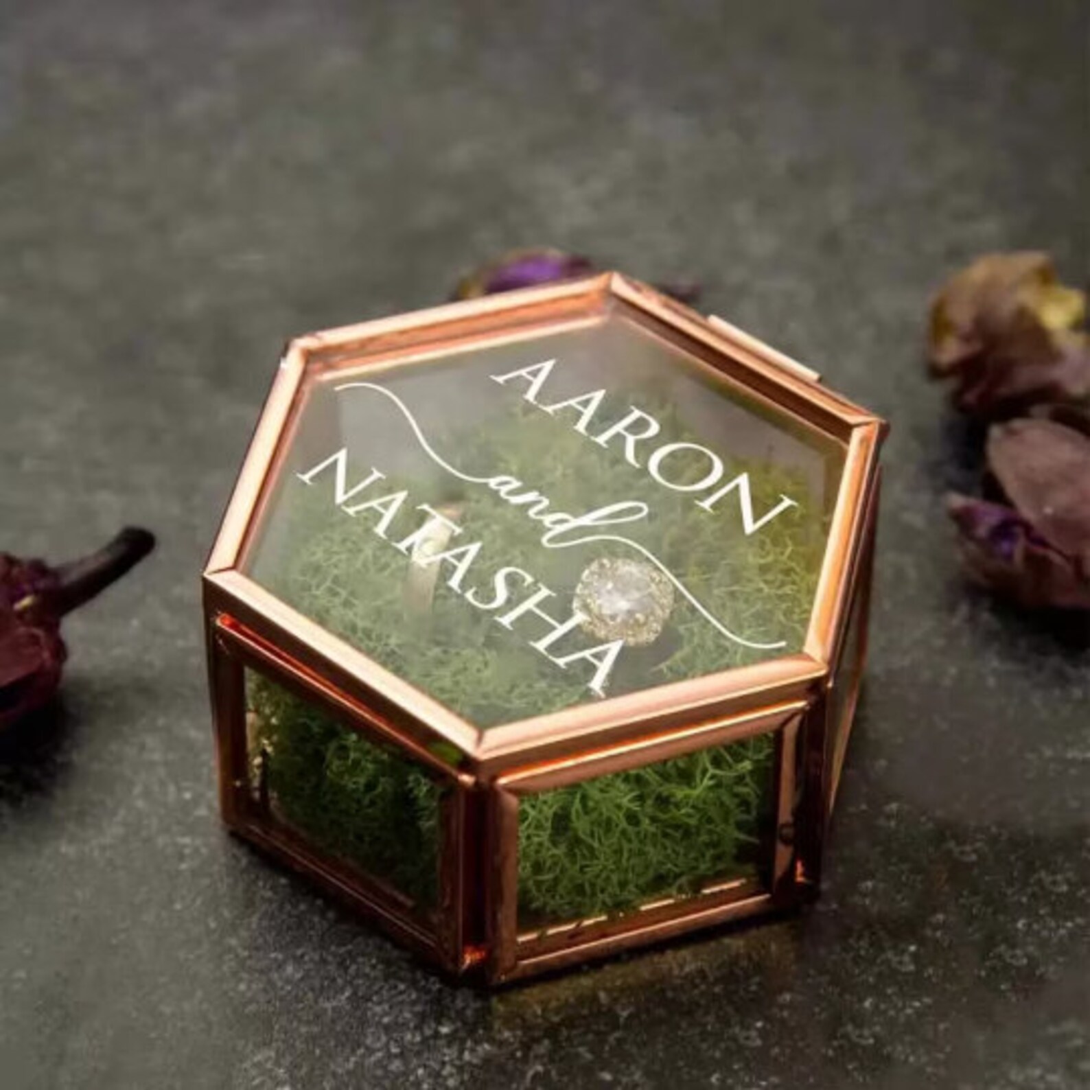 Hexagon Glass Ring Box With Moss, Names & Initials Ring Holder ...