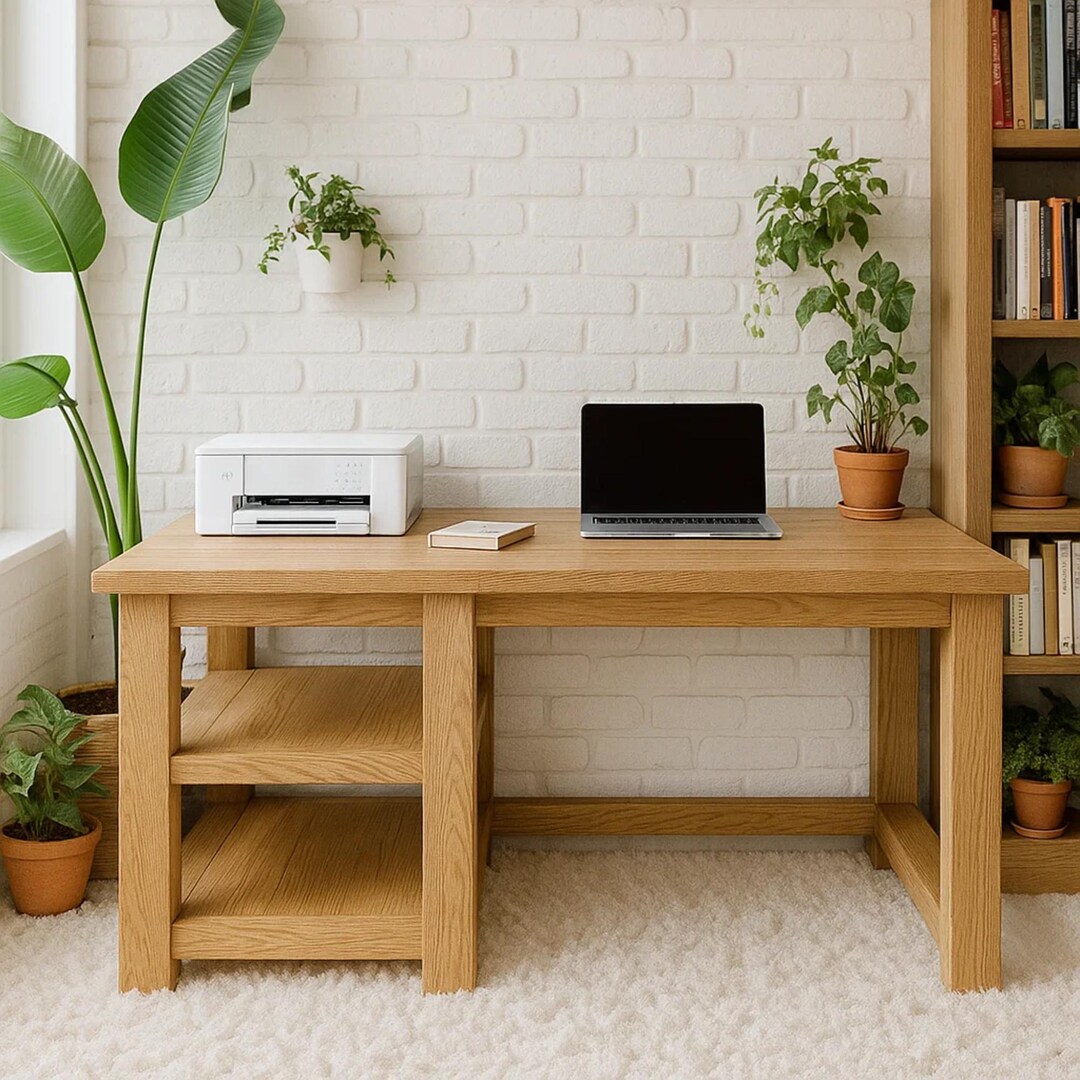 Solid Wood Computer Desk With Side Shelves: Minimalist Home Office ...