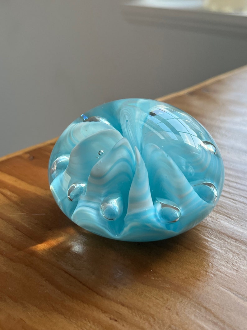 Vintage Joe St. Clair Paperweight Blue White Ribbon Bubbles Art Glass ...