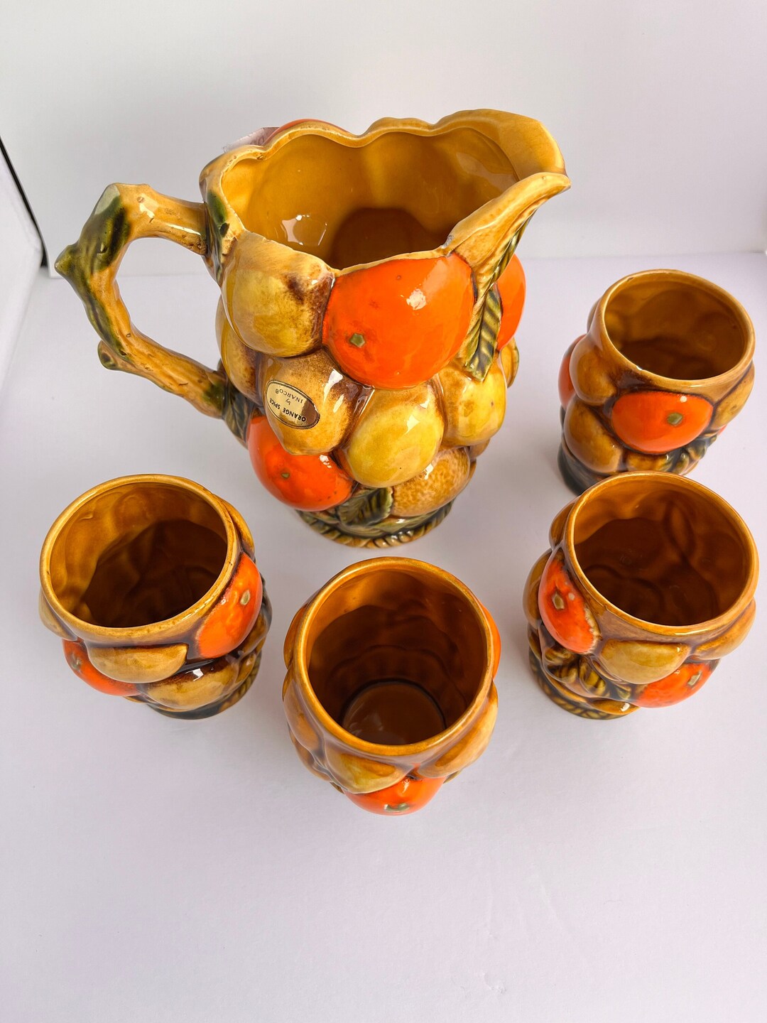 1960 Japanese Inarco Orange Spice Pitcher 4 Cup Set Ceramic Breakfast ...