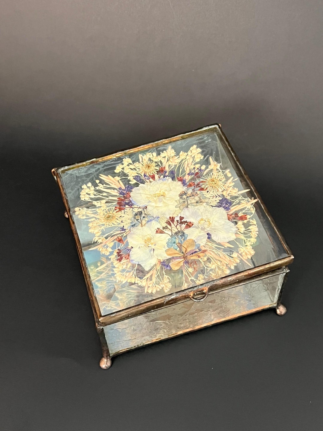 Vintage Glass Pressed Flowers Metal Jewelry Box Trinket Box - Etsy