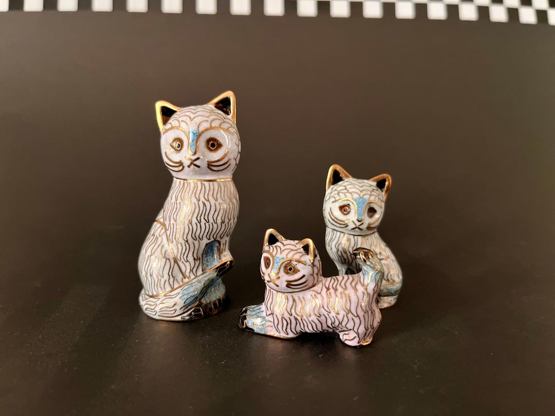 Vintage 1960s Cloisonne Cat Figurines Momma Kittens Blue White Gold ...