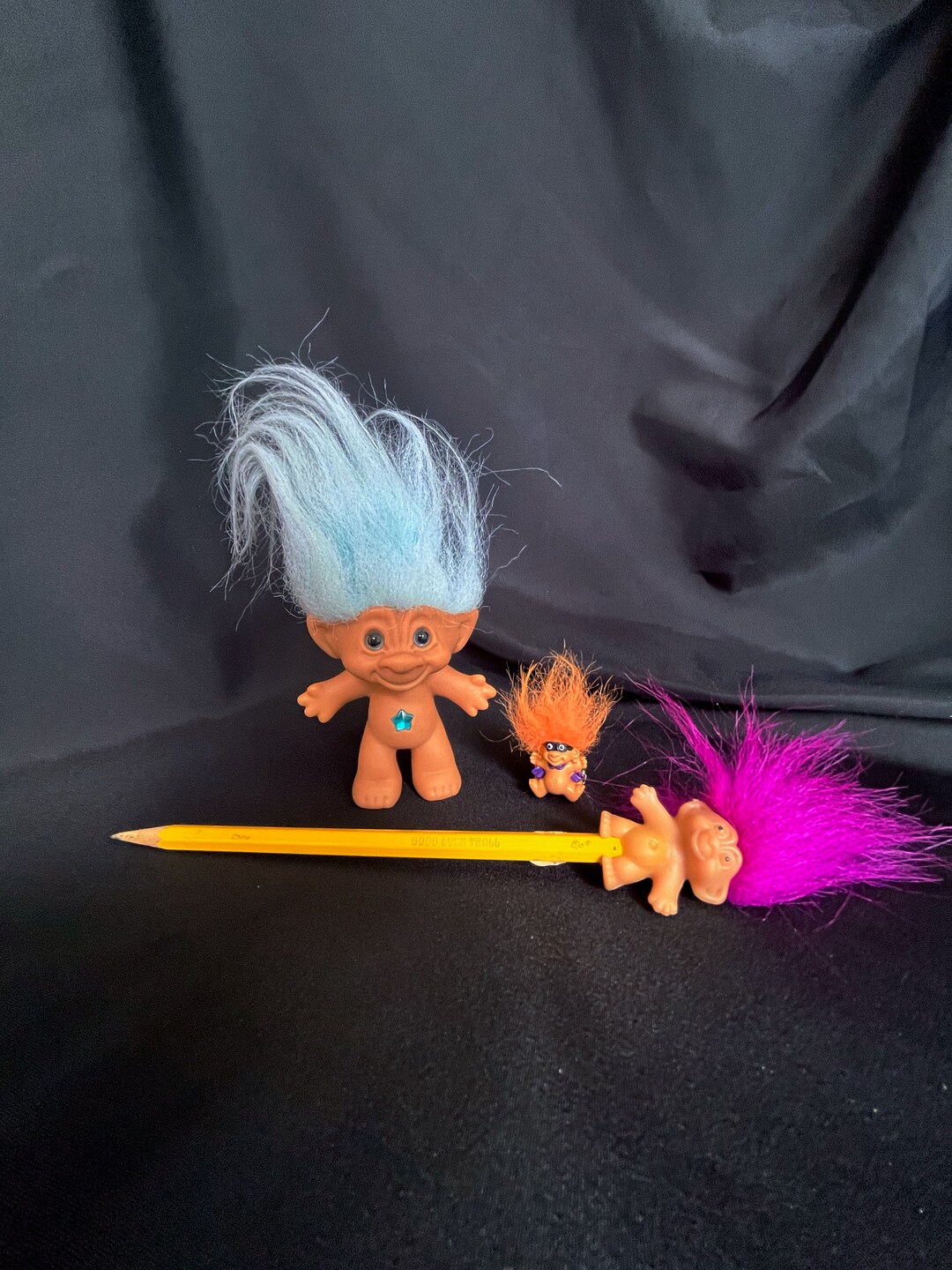 Troll Trio Lot, Blue Jewelled Belly Troll, Good Luck Troll Pencil ...