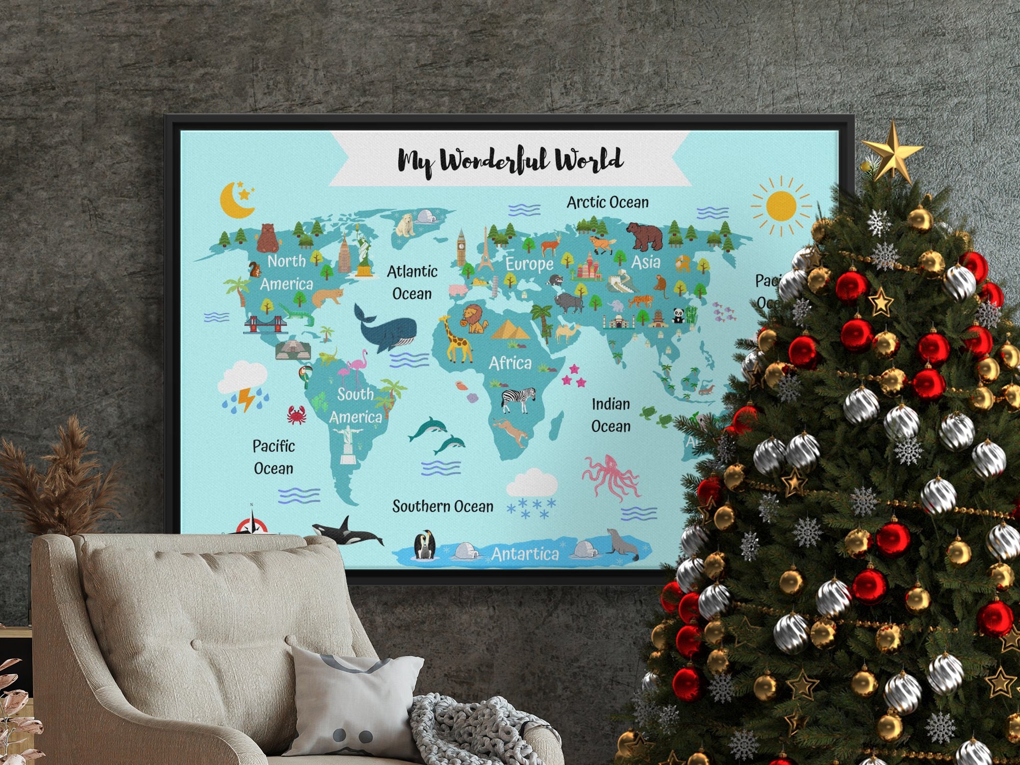 Colorful Kids World Map Wall Art, Educational Nursery Decor, Animal ...
