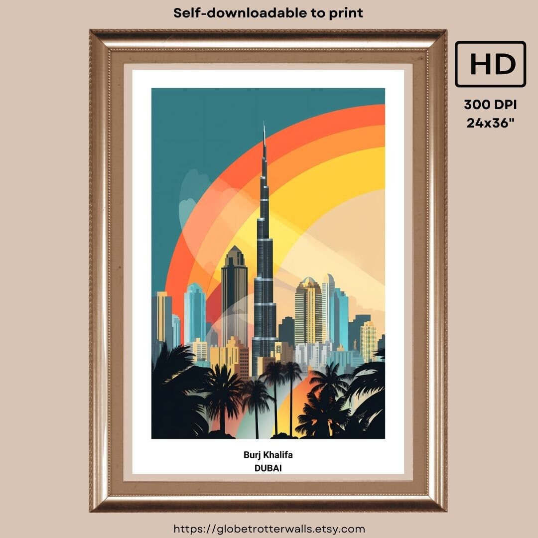 Dubai Skyline Wall Art, Burj Khalifa Pop Art Poster, Vibrant Cityscape ...