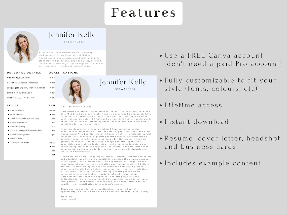 Editable Yacht Stewardess Resume, Cover Letter & References Template in ...