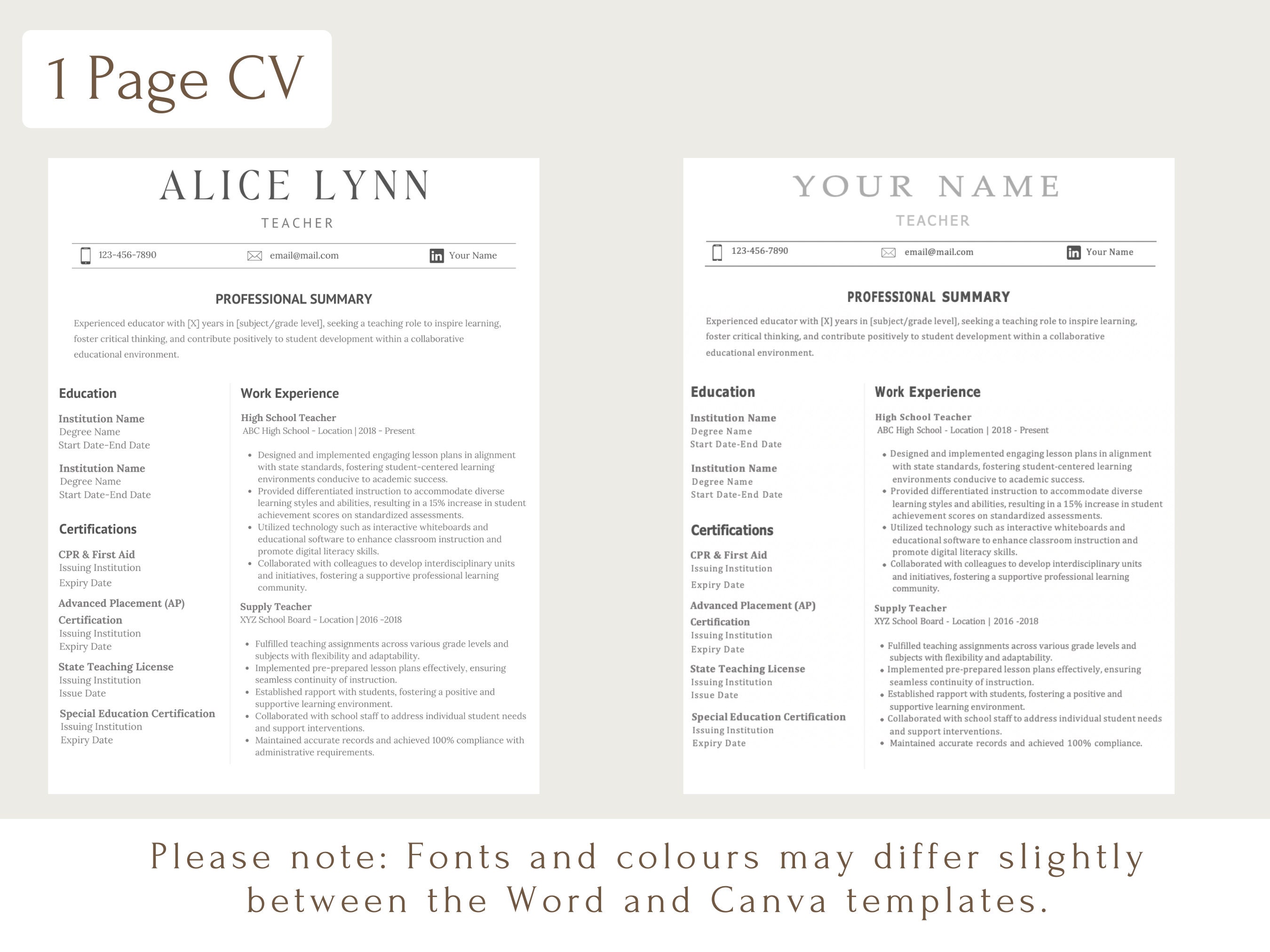 Teacher Resume Template Word, Canva Teaching Resume, Resume Template CV ...