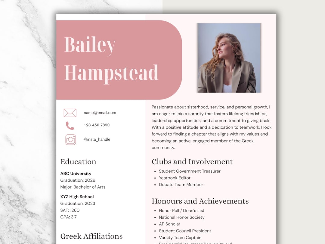 Editable Sorority Rush Resume Template: Canva Cover Letter (digital ...