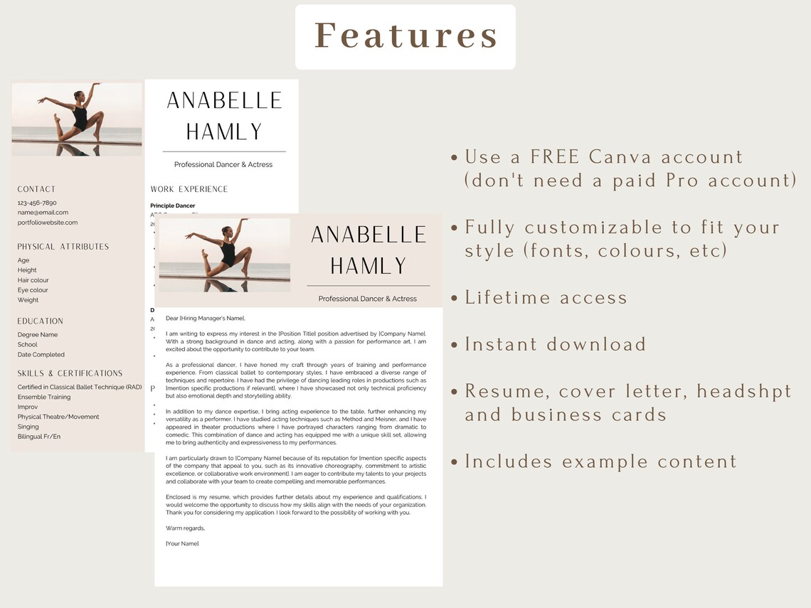 Dancer/actor Resume Template: Customizable Headshot, Cover Letter ...