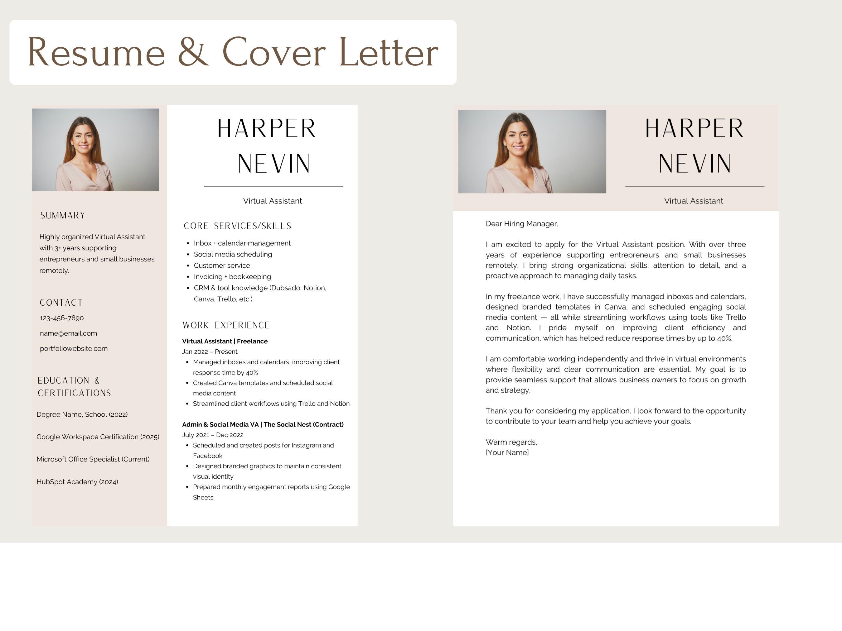 Virtual Assistant Resume Template: Editable Canva CV, Cover Letter ...