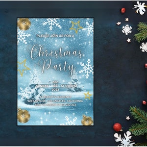 Digital Christmas Party Invitation Card Template Editable White Snow ...