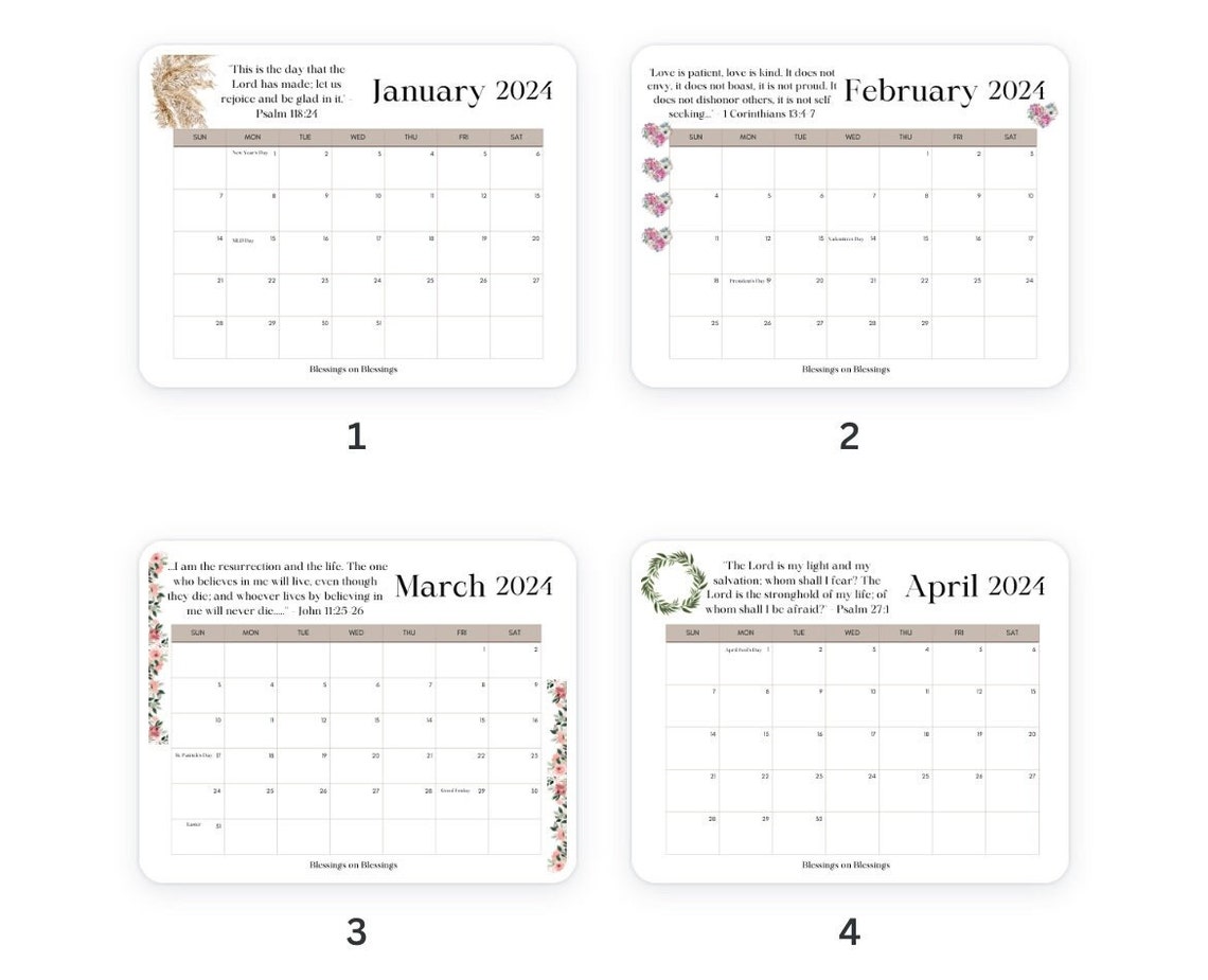 2024 Bible Verse Calendar With Holidays, Floral Calendar, Sunday Start ...