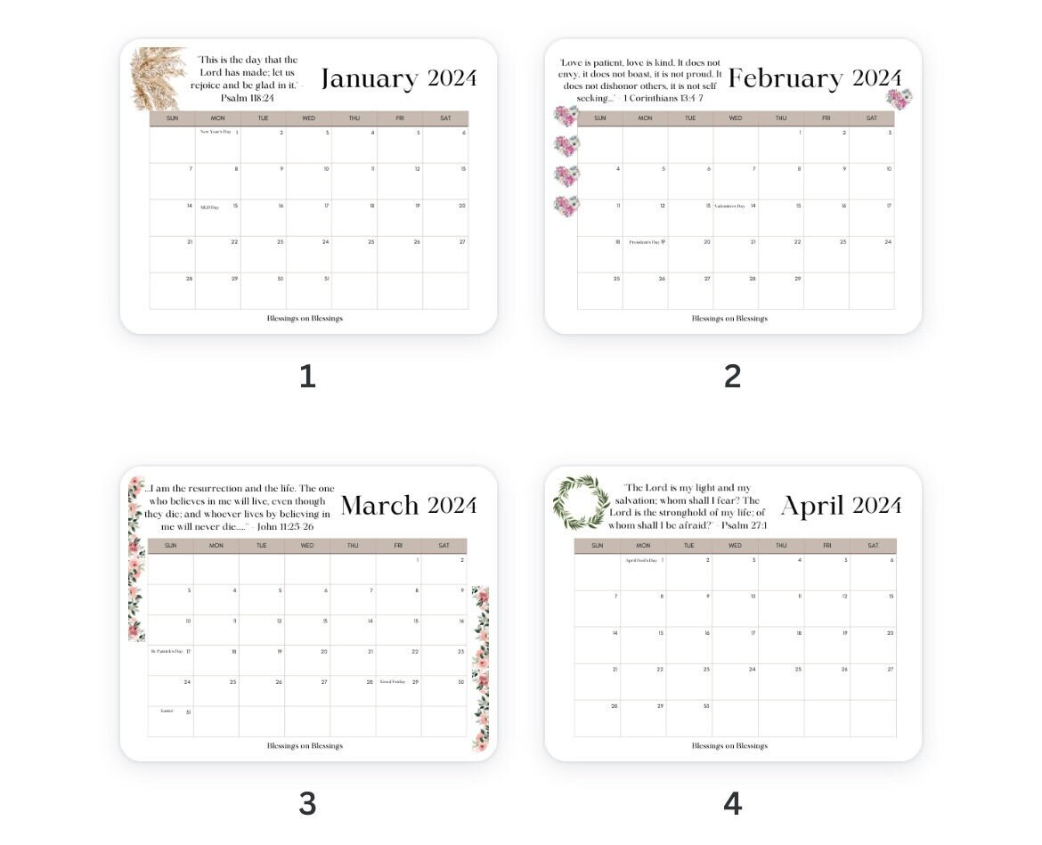 2024 Bible Verse Calendar With Holidays, Floral Calendar, Sunday Start ...