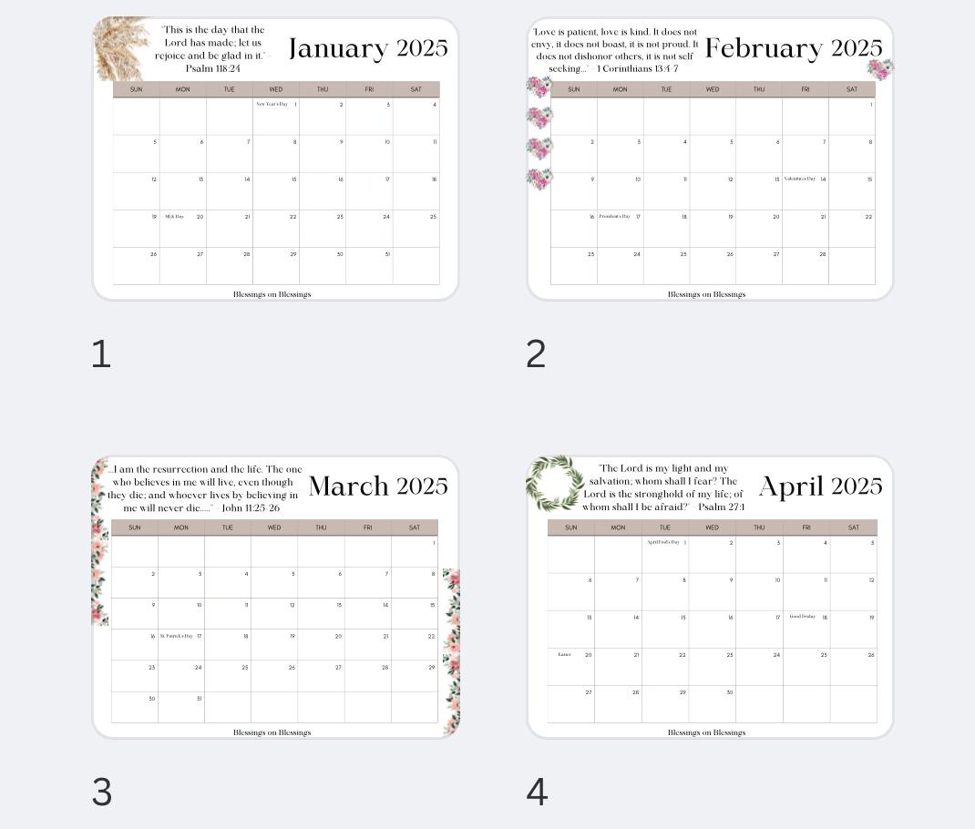 2025 Bible Verse Calendar With Holidays, Floral Calendar, Sunday Start ...