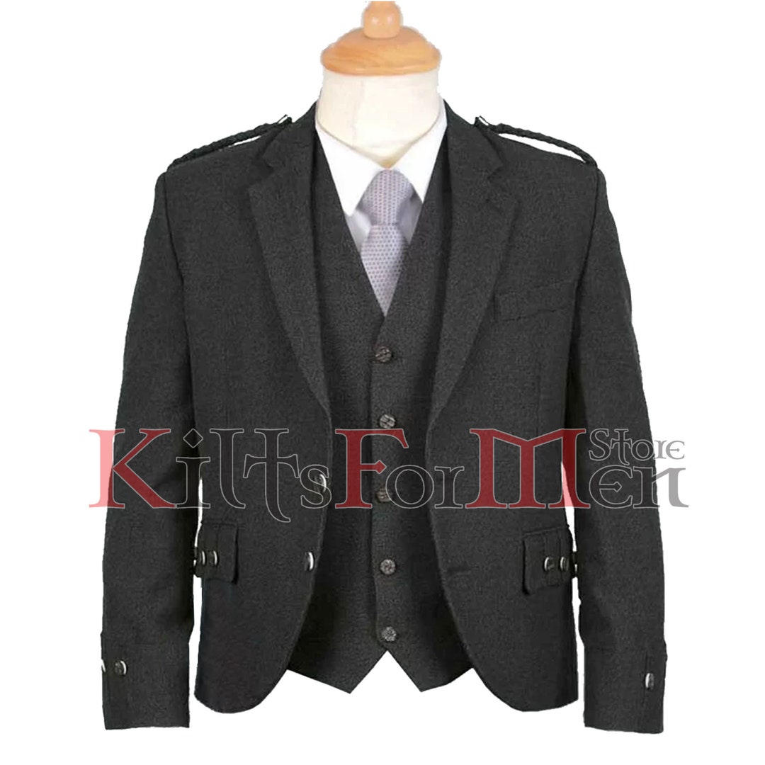 Scottish Charcoal Grey Kilt Jacket With 5 Button Vest for Men ...