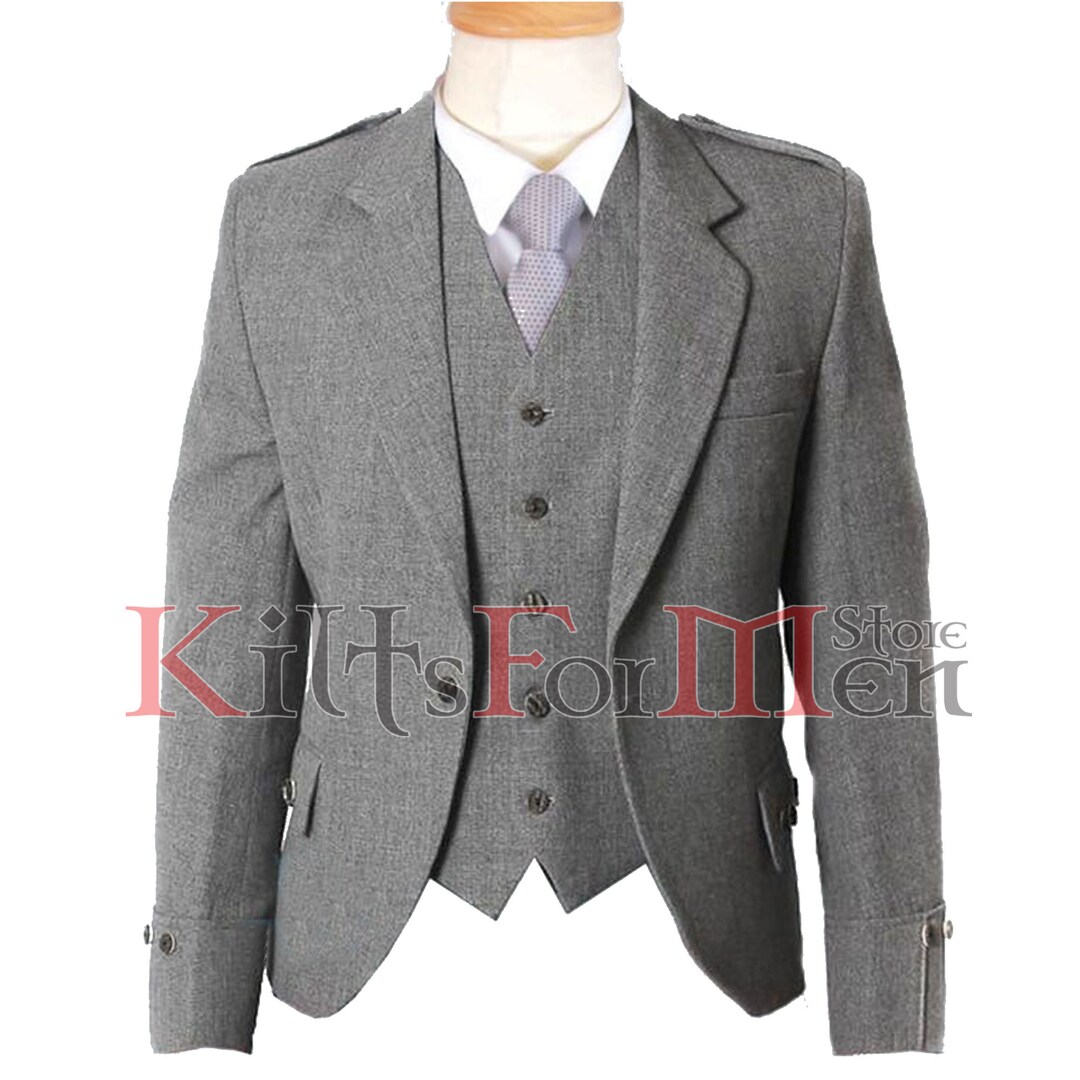 Handmade Grey Kilt Jacket With 5 Button Vest for Men | Scottish Argyle ...