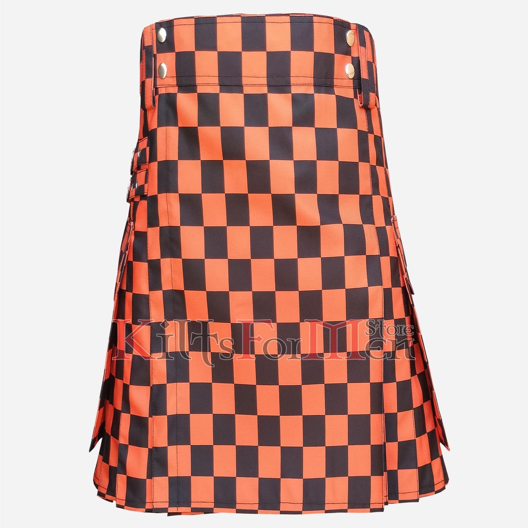 Handmade Black and Orange Utility Kilt for Men | Diced Kilt - Made to ...