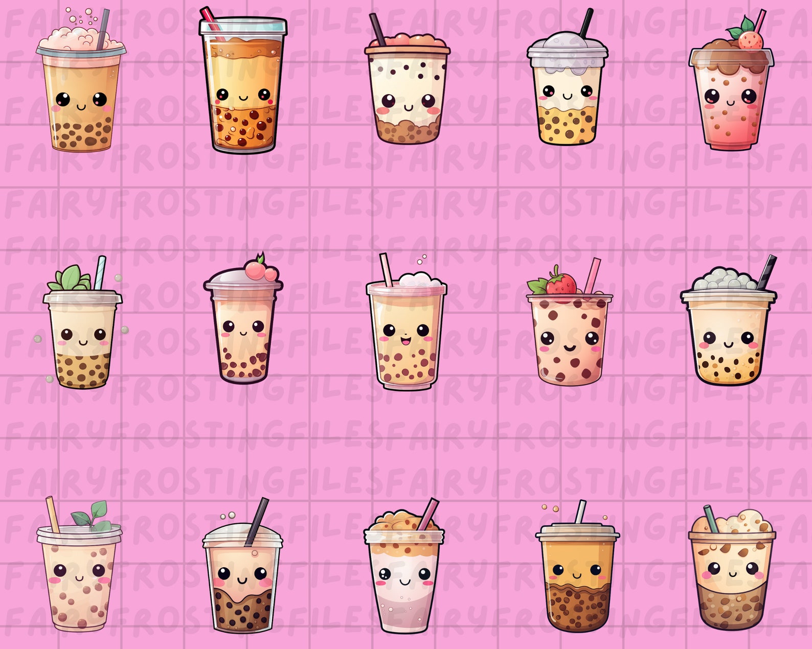 50 Kawaii Bubble Tea Digital Kawaii PNG Bundle 50 Different Graphics ...
