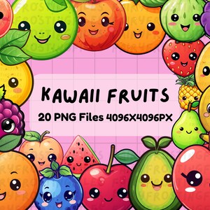 Cute Kawaii Fruits Clipart 20 Kawaii Sticker Bundle PNG Kawaii Fruits ...