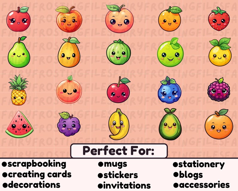 Cute Kawaii Fruits Clipart | 20 Kawaii Sticker Bundle | PNG Kawaii ...