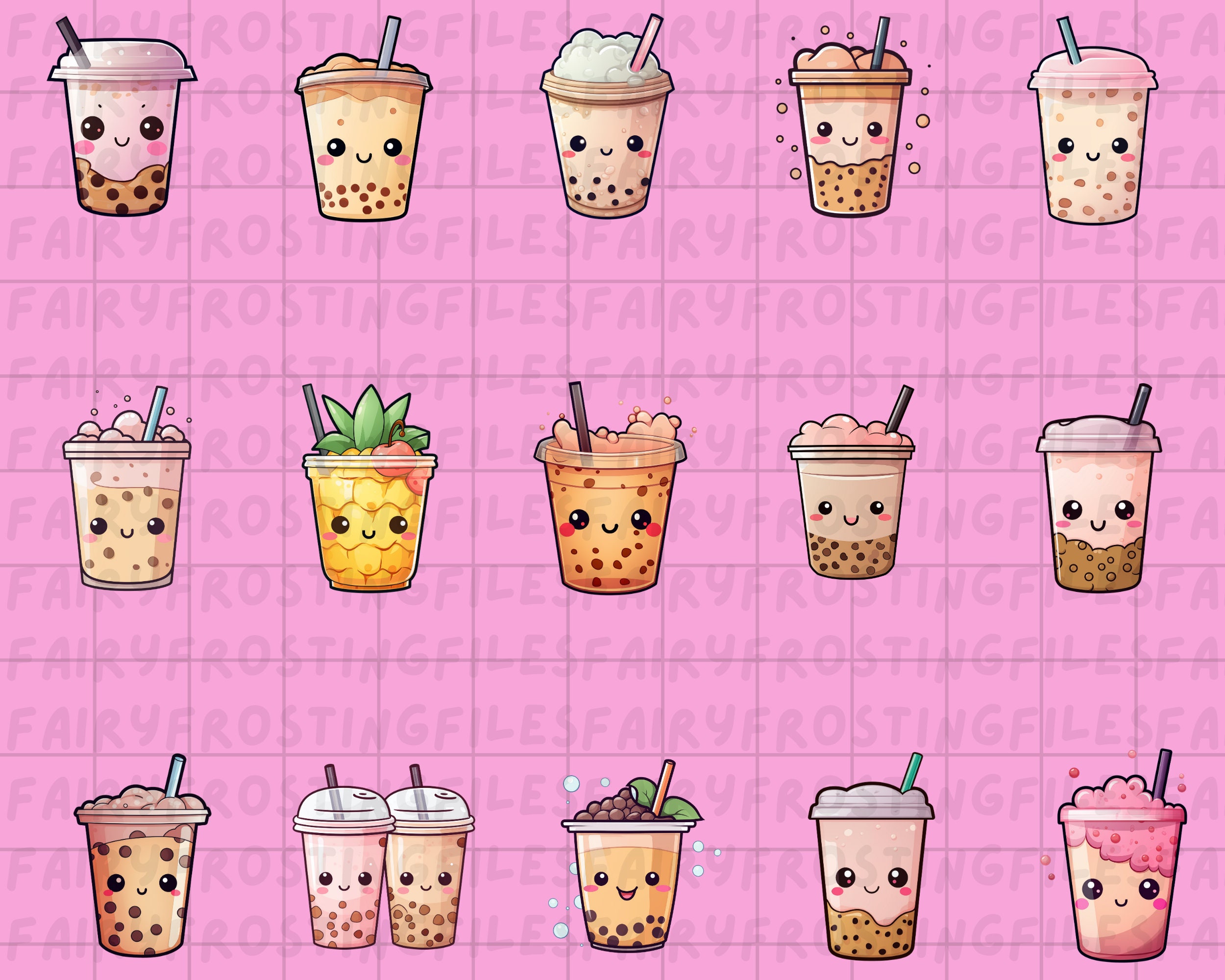 50 Kawaii Bubble Tea Digital Kawaii PNG Bundle 50 Different Graphics ...