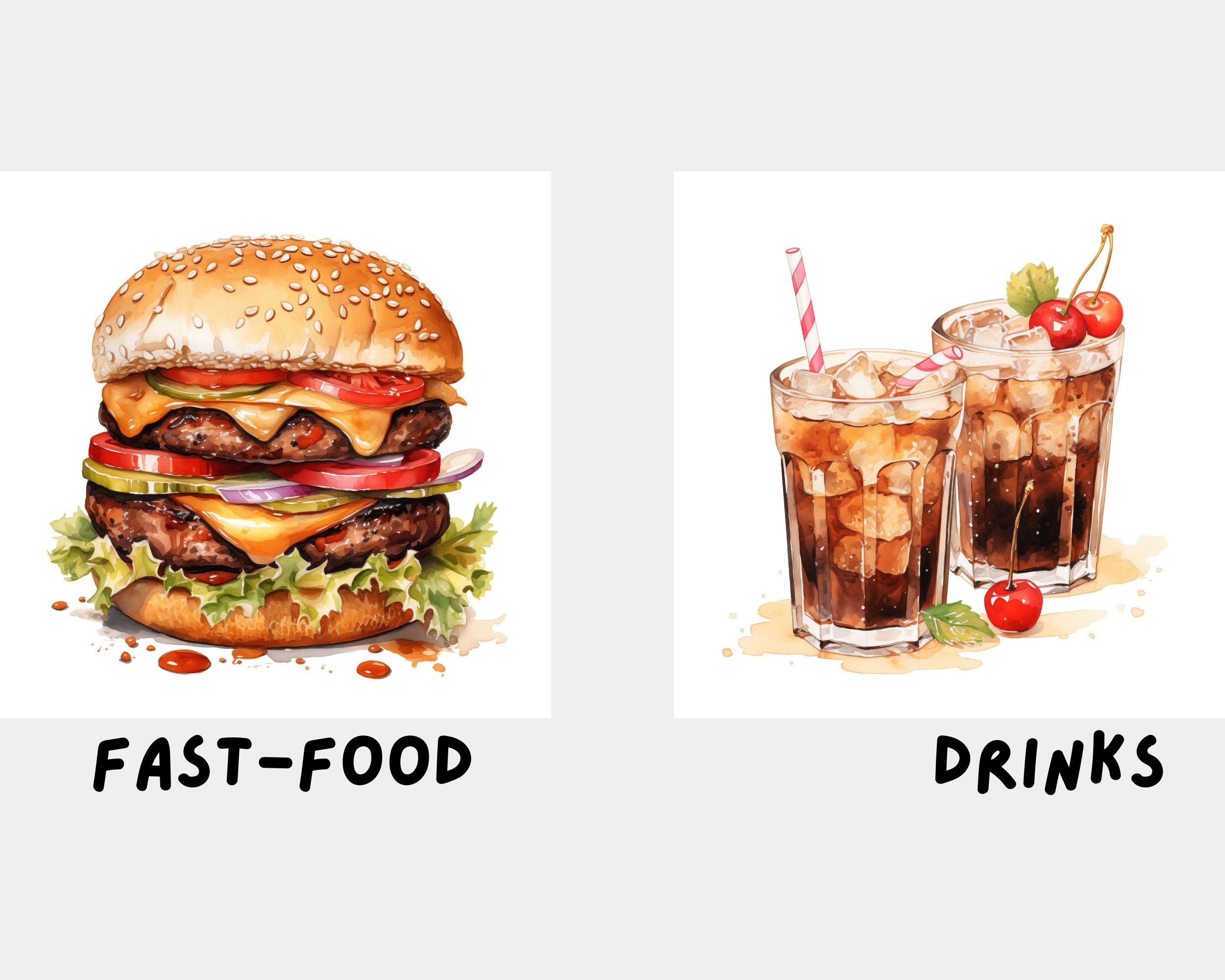 Watercolor Fast Food Clipart 25 High Resolution PNG Junk Food ...