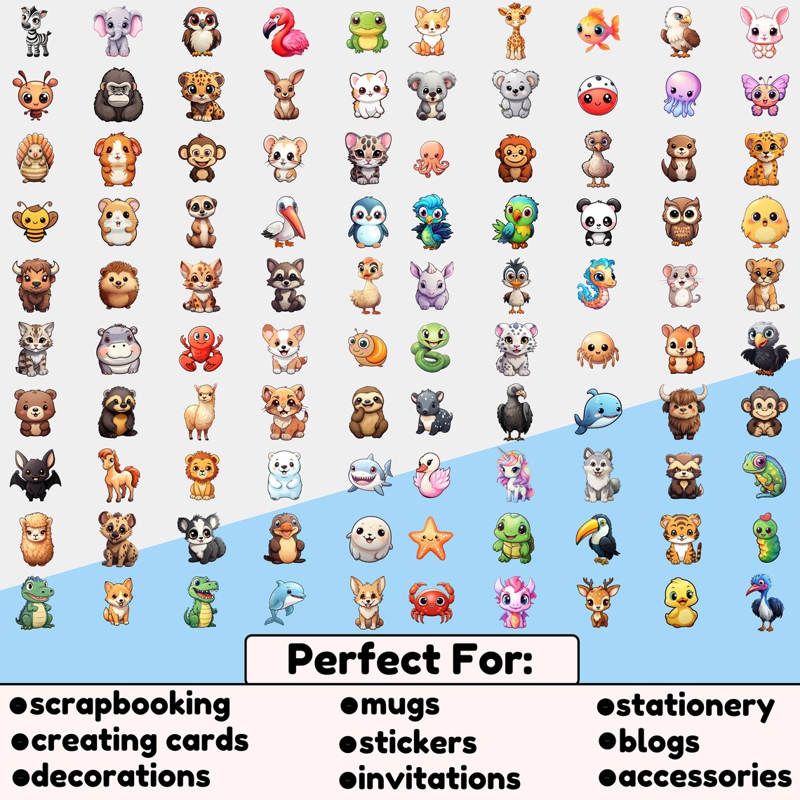 100 Kawaii Clipart Animals 100 Different Graphics Digital Kawaii PNG ...