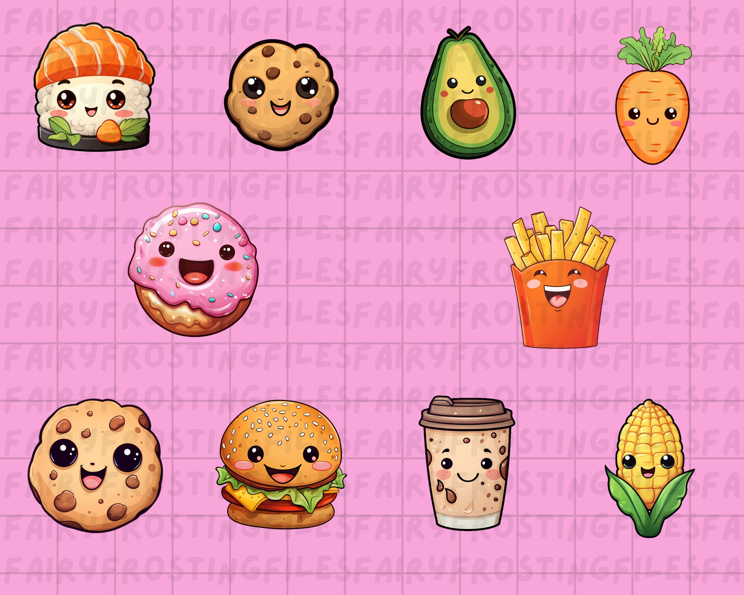 Cartoon Food Clipart 30 Different Graphics Digital Cartoon Png Bundle Cute Cartoon Food Graphics