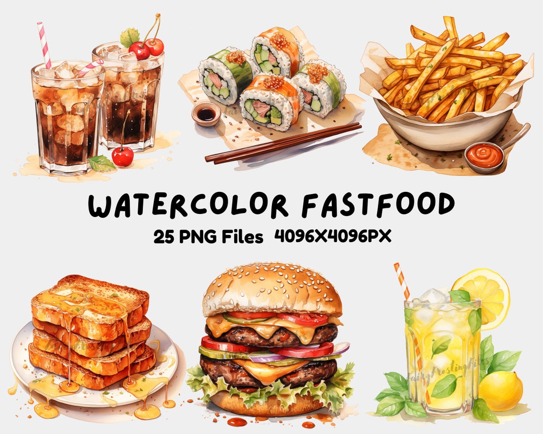 Watercolor Fast Food Clipart 25 High Resolution PNG Junk Food ...