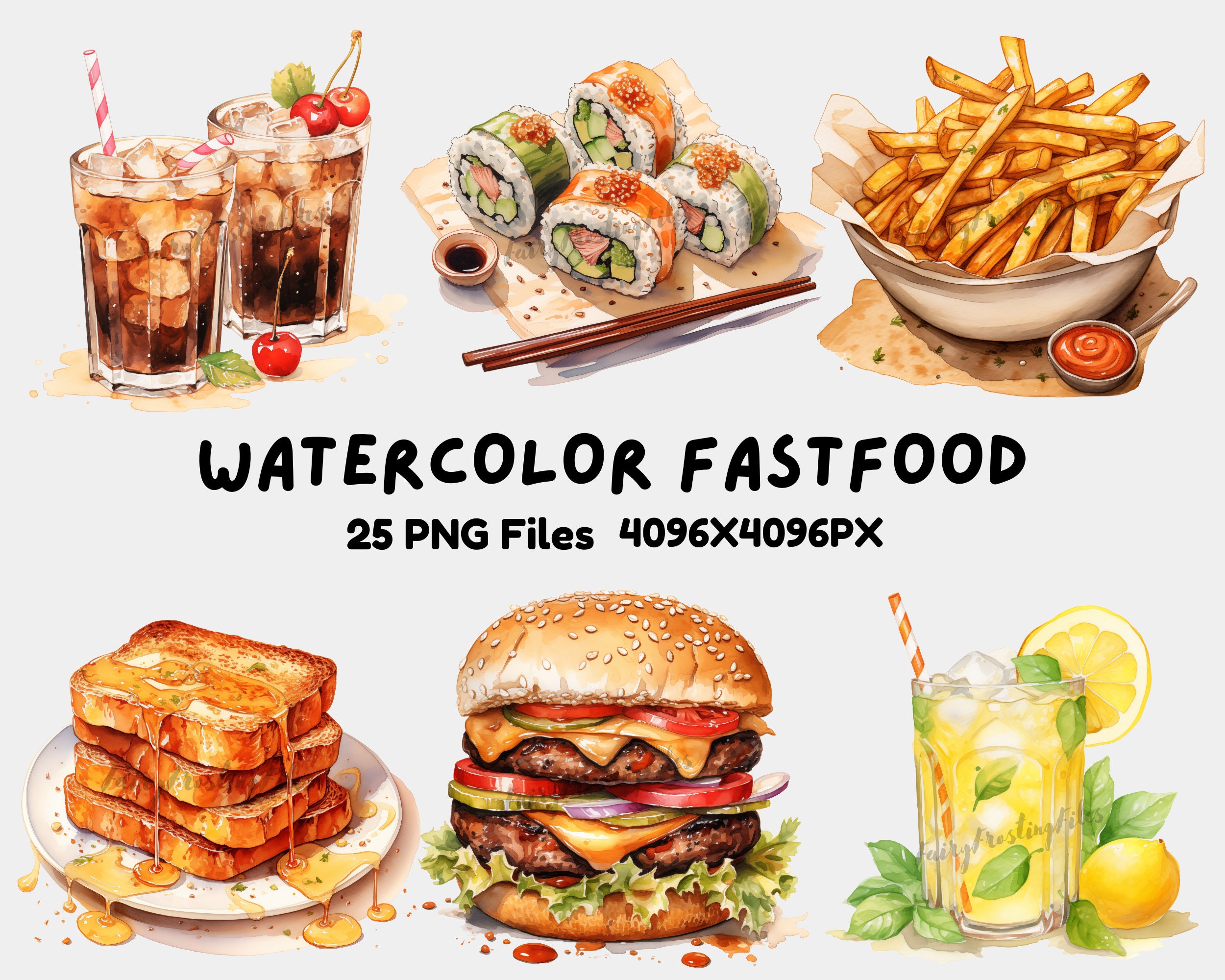 Watercolor Fast Food Clipart 25 High Resolution PNG Junk Food ...