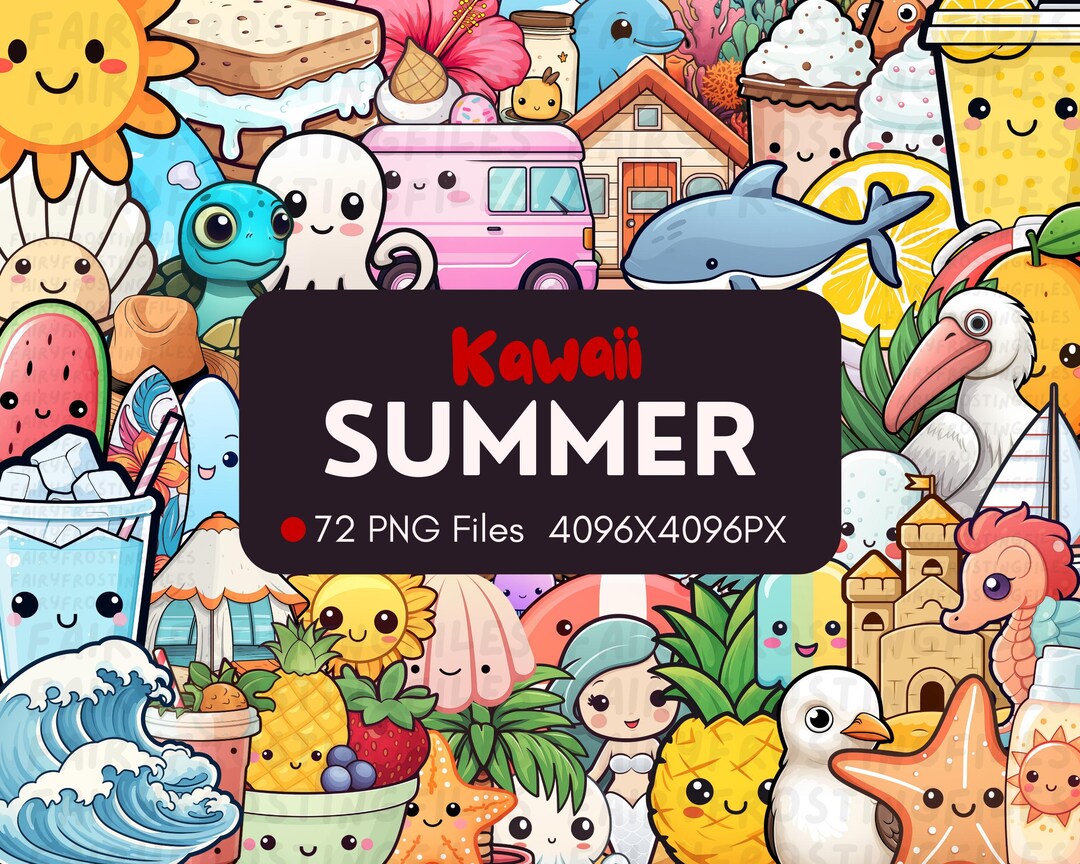 72 Kawaii Summer | 72 Different Graphics | Digital Kawaii PNG Bundle ...
