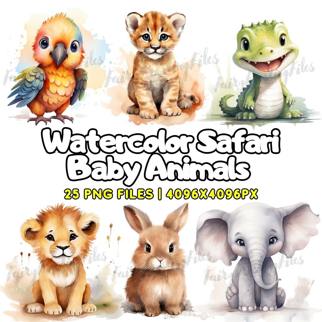 Watercolor Safari Baby Animals 25 Clipart PNG Bundle Watercolor Jungle ...