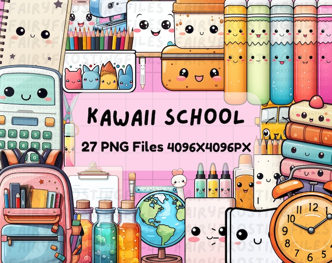 Kawaii School Clipart Set. Cute Digital Clipart Bundle for Personal ...