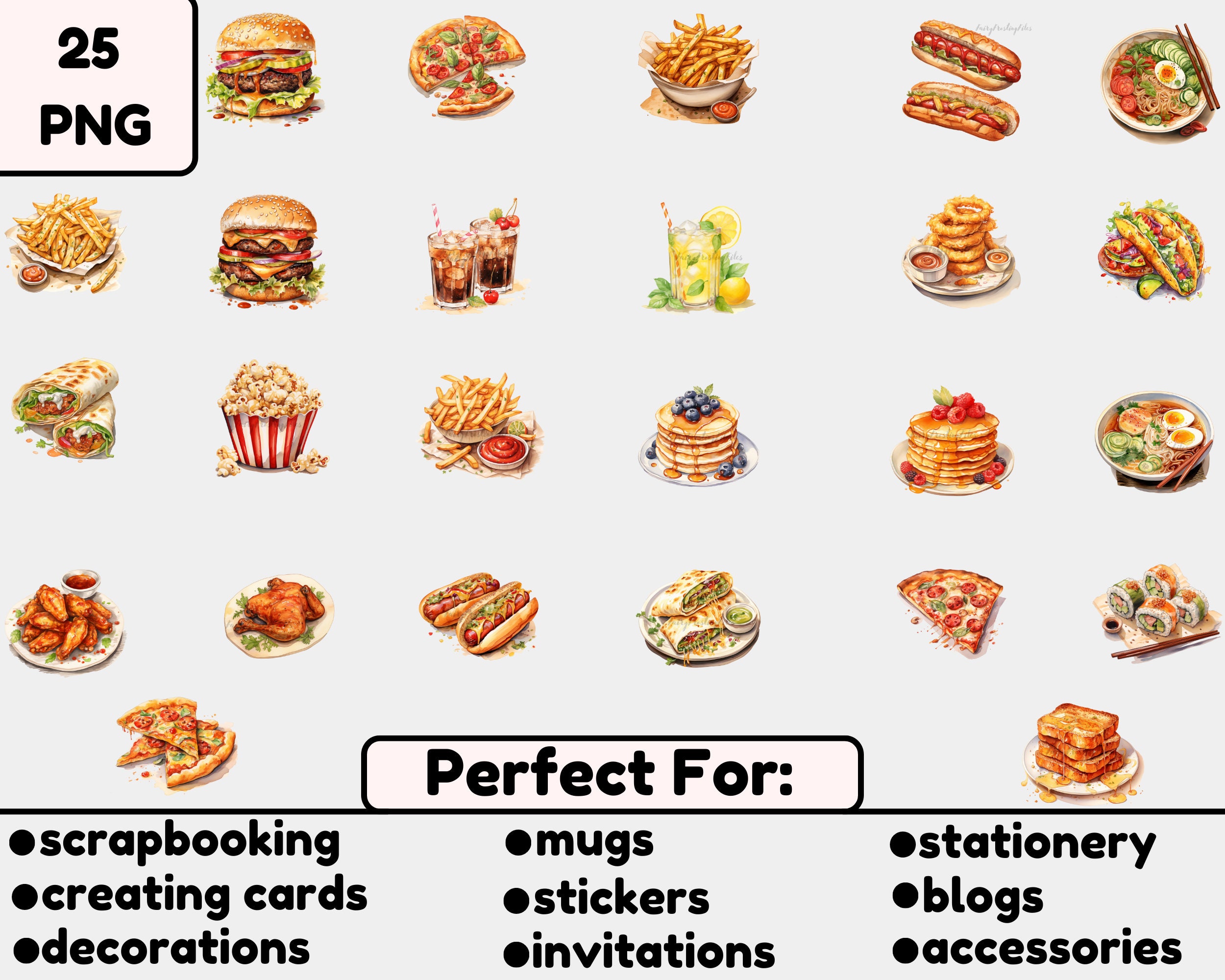 Watercolor Fast Food Clipart 25 High Resolution PNG Junk Food ...