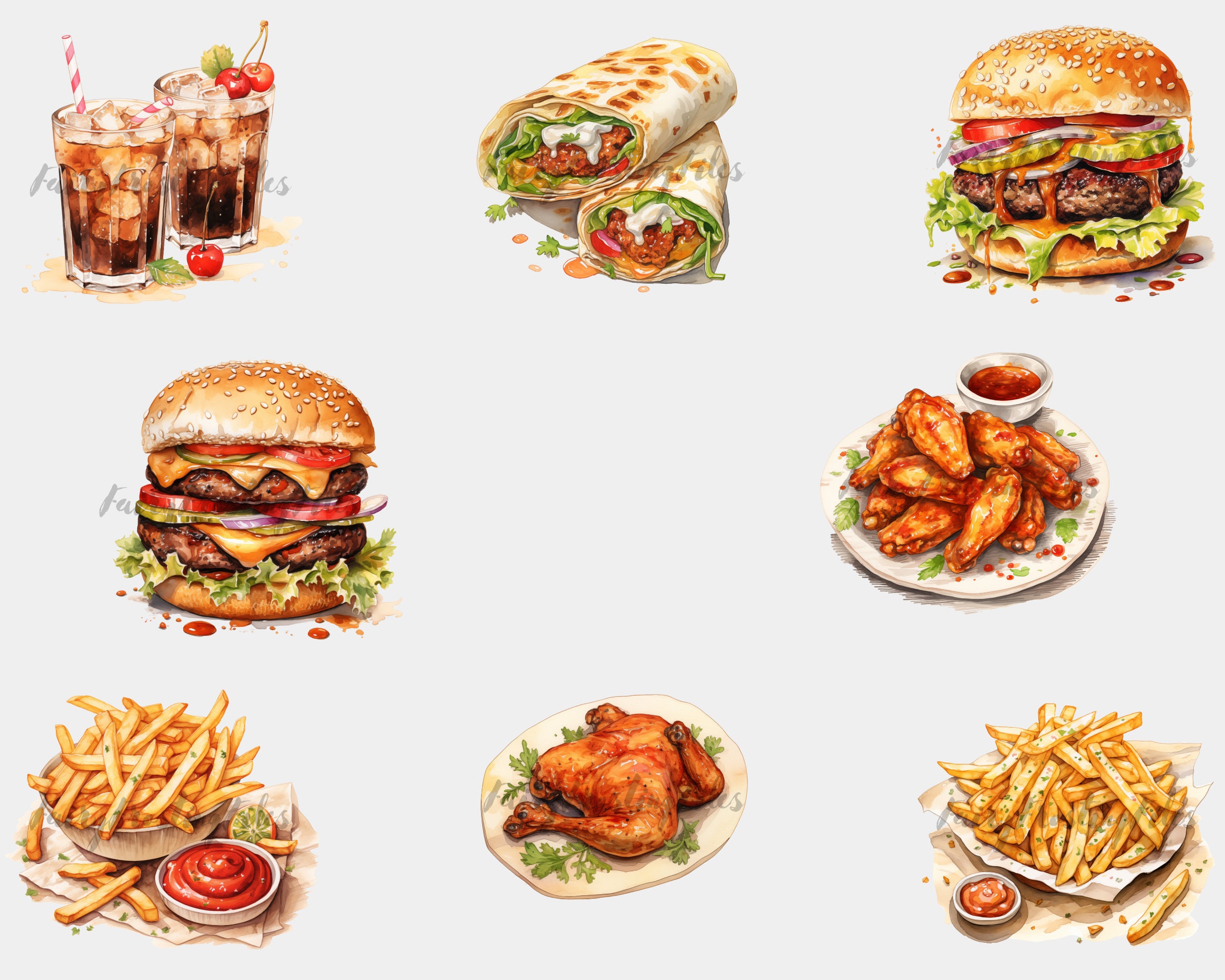 Watercolor Fast Food Clipart 25 High Resolution PNG Junk Food ...