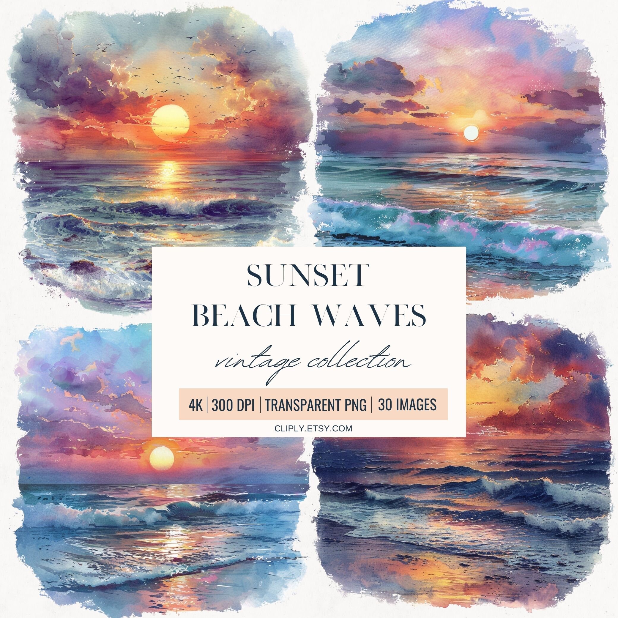Sunset Beach Waves Illustration, Watercolor Beach Waves Clipart ...