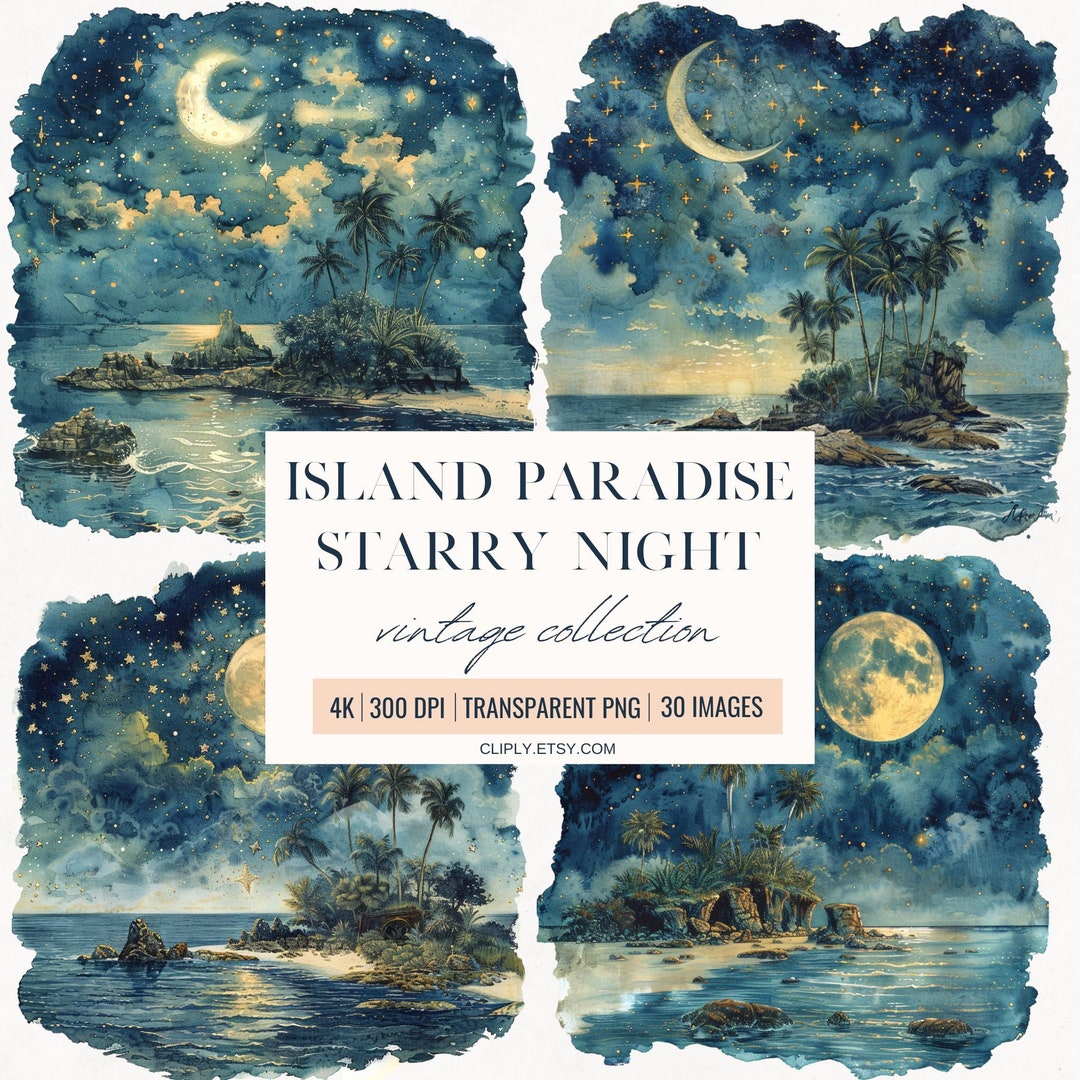 Island Paradise Starry Night Illustration, Tropical Island Night Sky ...