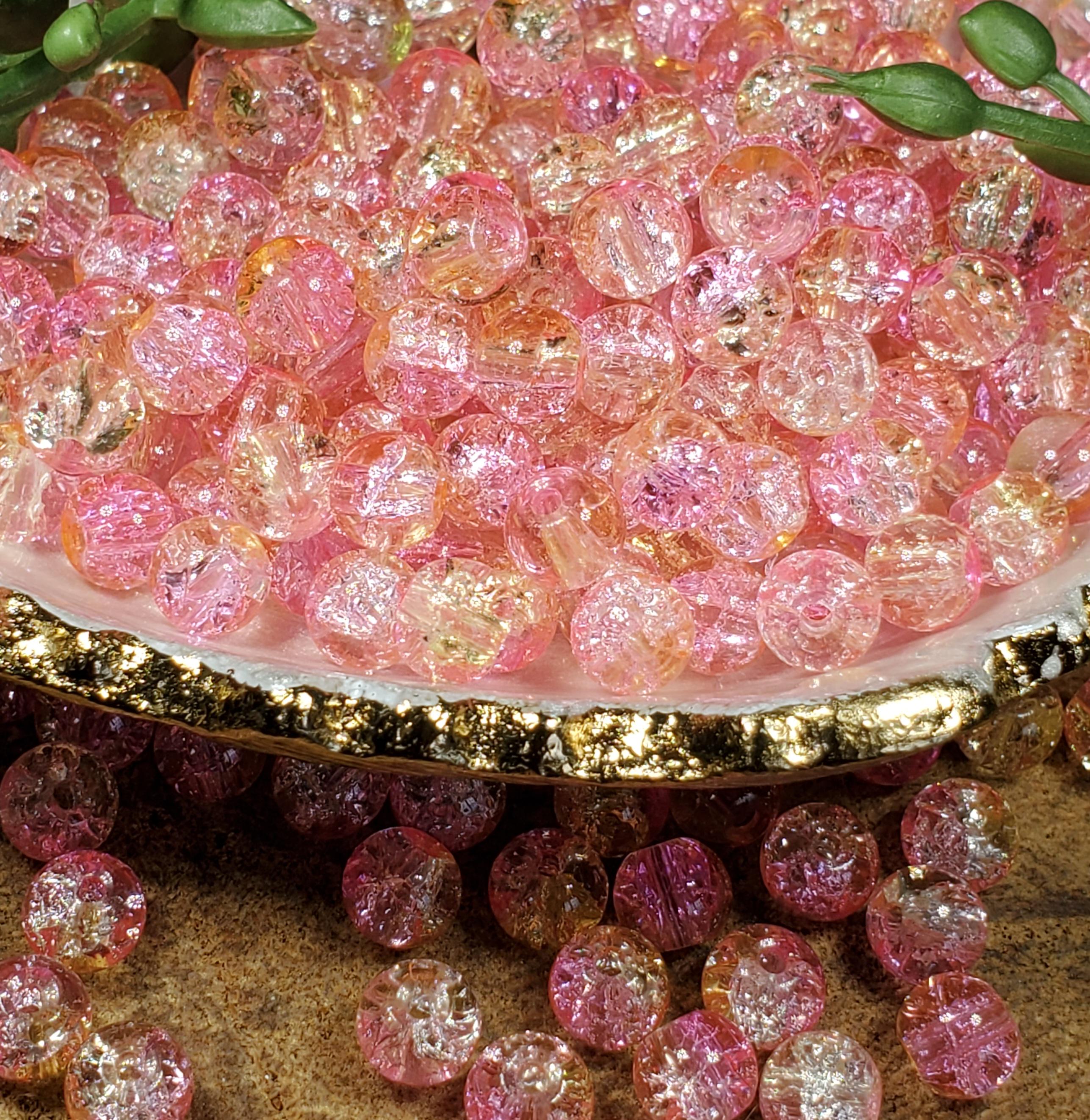 150 Beads, 6mm Bright Pink & Yellow Glass Crackle Beads, Hot Pink W ...