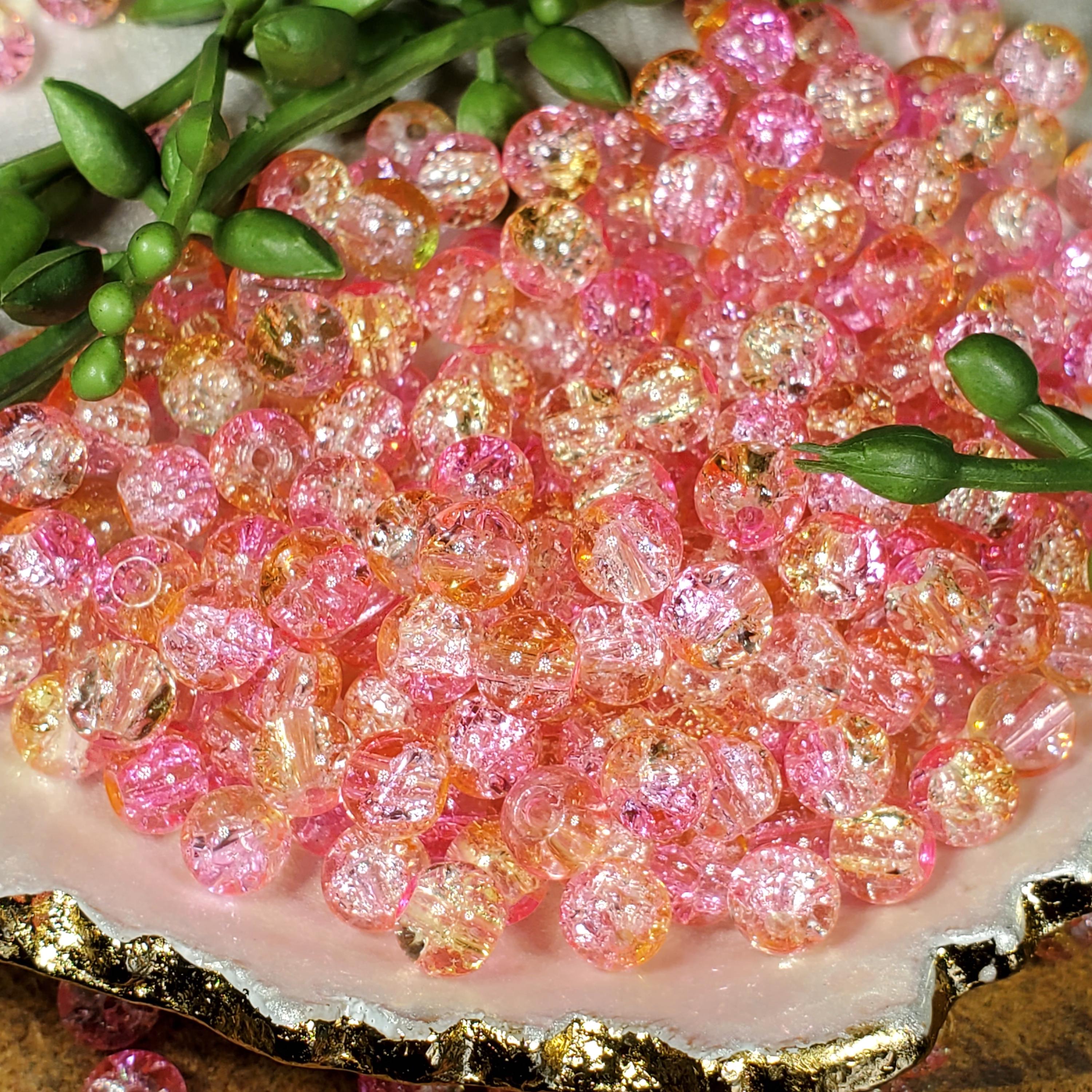 150 Beads, 6mm Bright Pink & Yellow Glass Crackle Beads, Hot Pink W ...