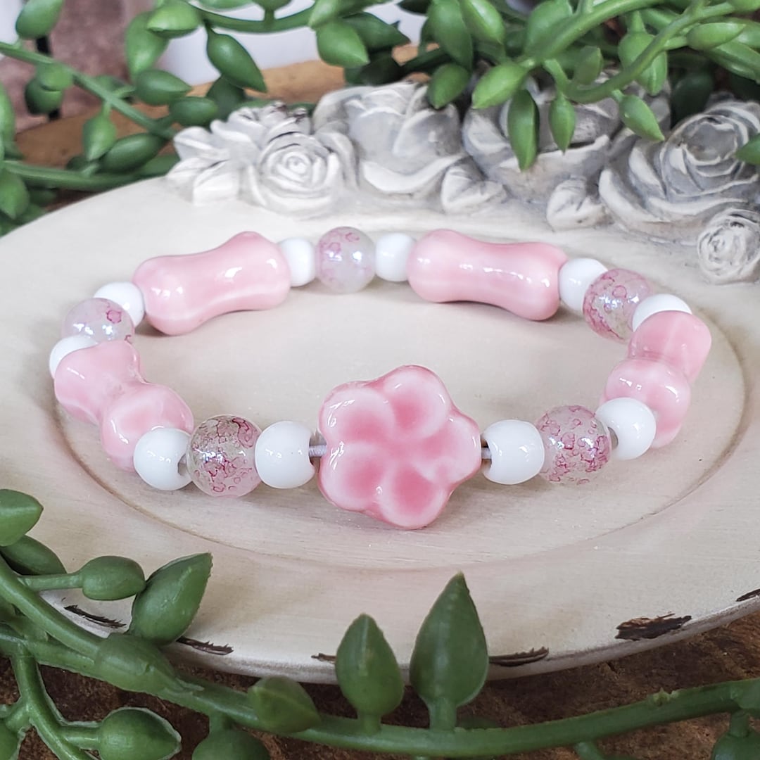 Pink Flower Porcelain Bracelet, Pink and White Color Porcelain Beach ...