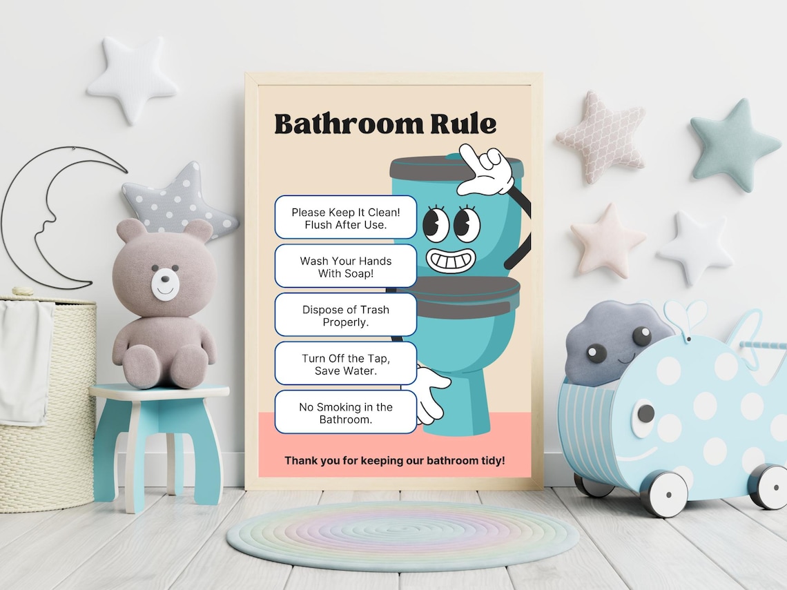 Set of 6 Toilet Etiquette Sign Posters – Bathroom Rules Wall Art Set ...