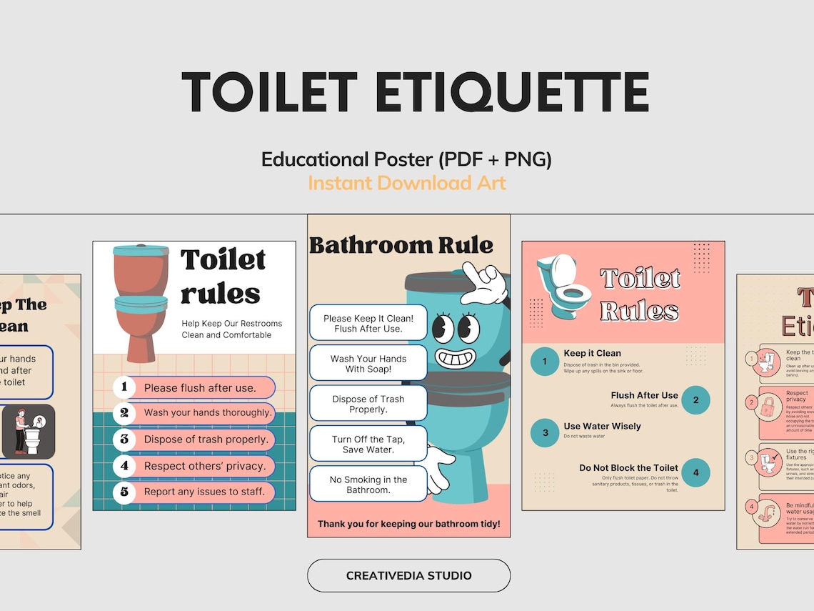 Set of 6 Toilet Etiquette Sign Posters – Bathroom Rules Wall Art Set ...