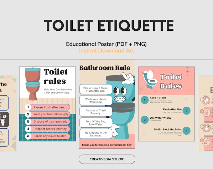 Toilet Etiquette Posters – Bathroom Rules Wall Art Set | Printable ...