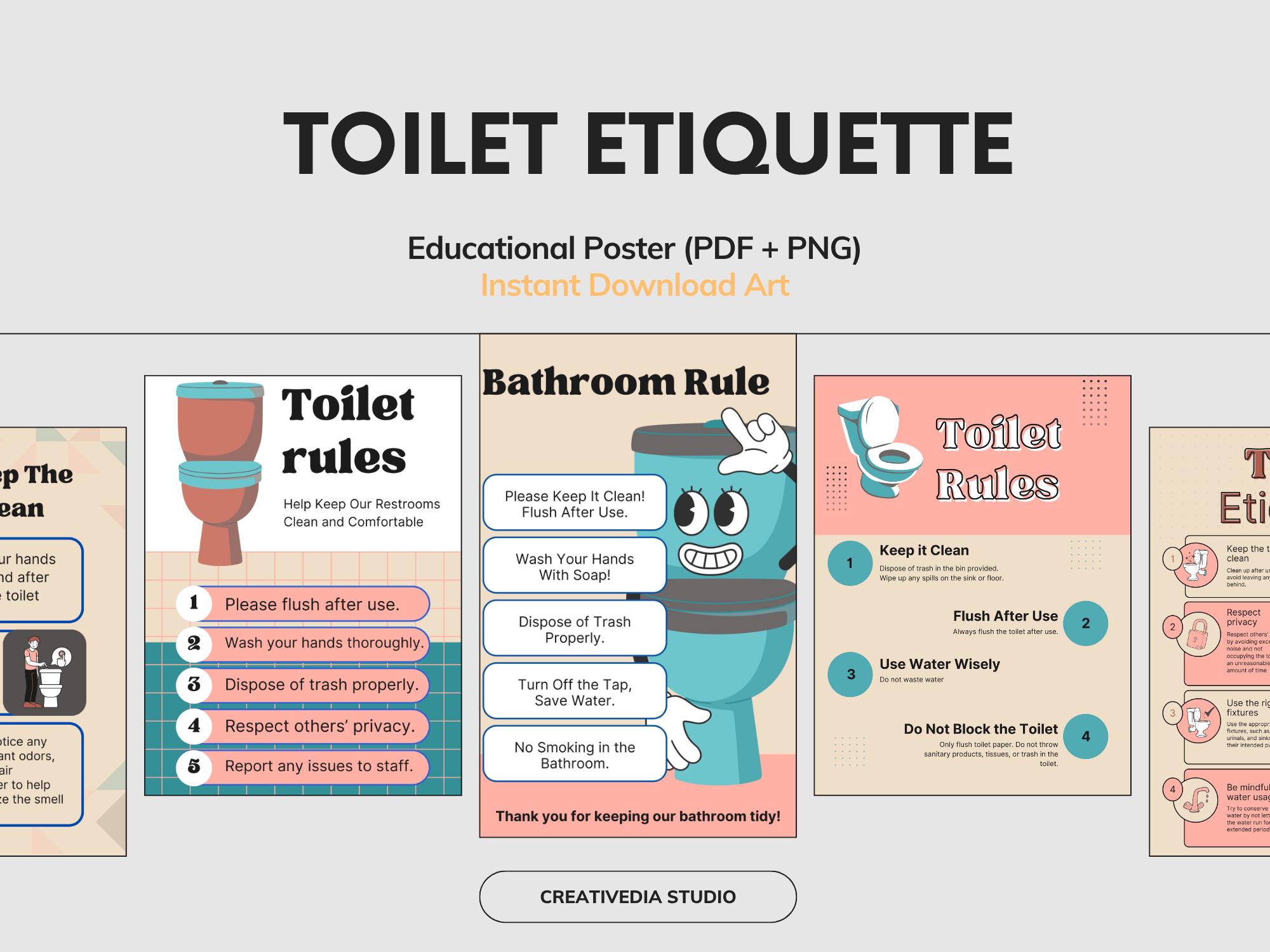 Set of 6 Toilet Etiquette Sign Posters – Bathroom Rules Wall Art Set ...