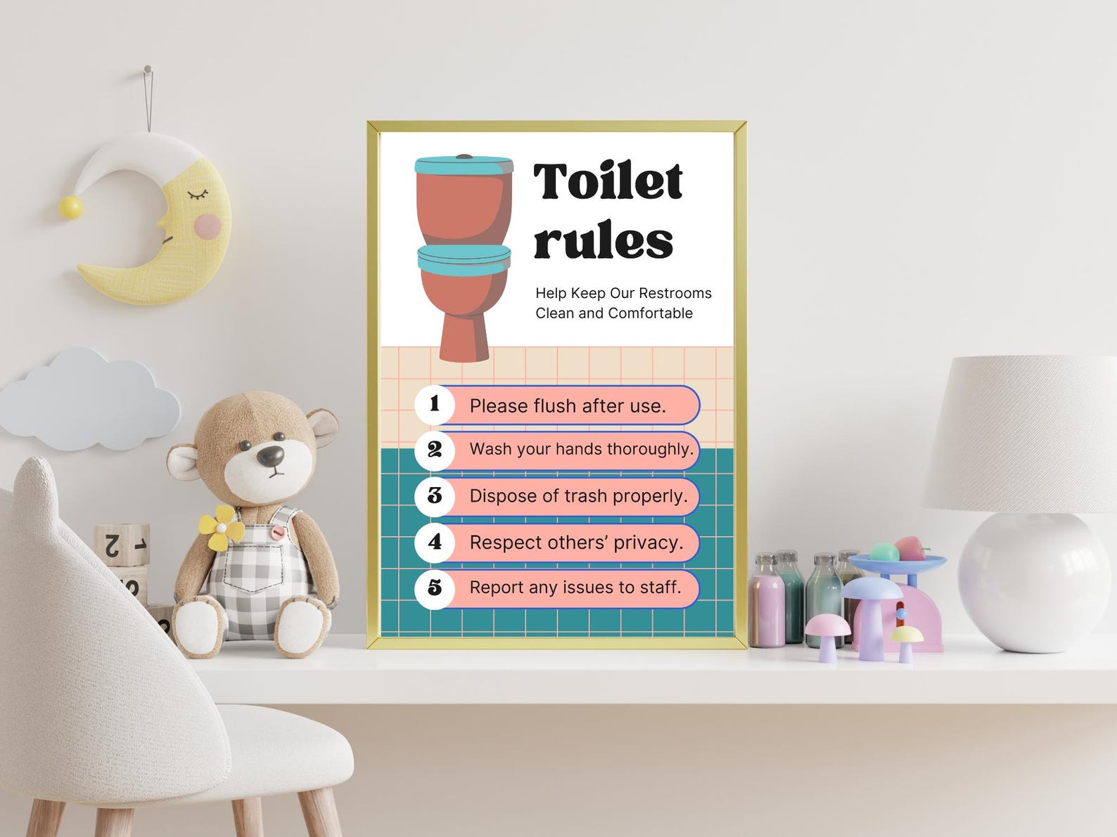 Set of 6 Toilet Etiquette Sign Posters – Bathroom Rules Wall Art Set ...