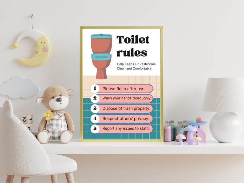 Set of 6 Toilet Etiquette Sign Posters – Bathroom Rules Wall Art Set ...