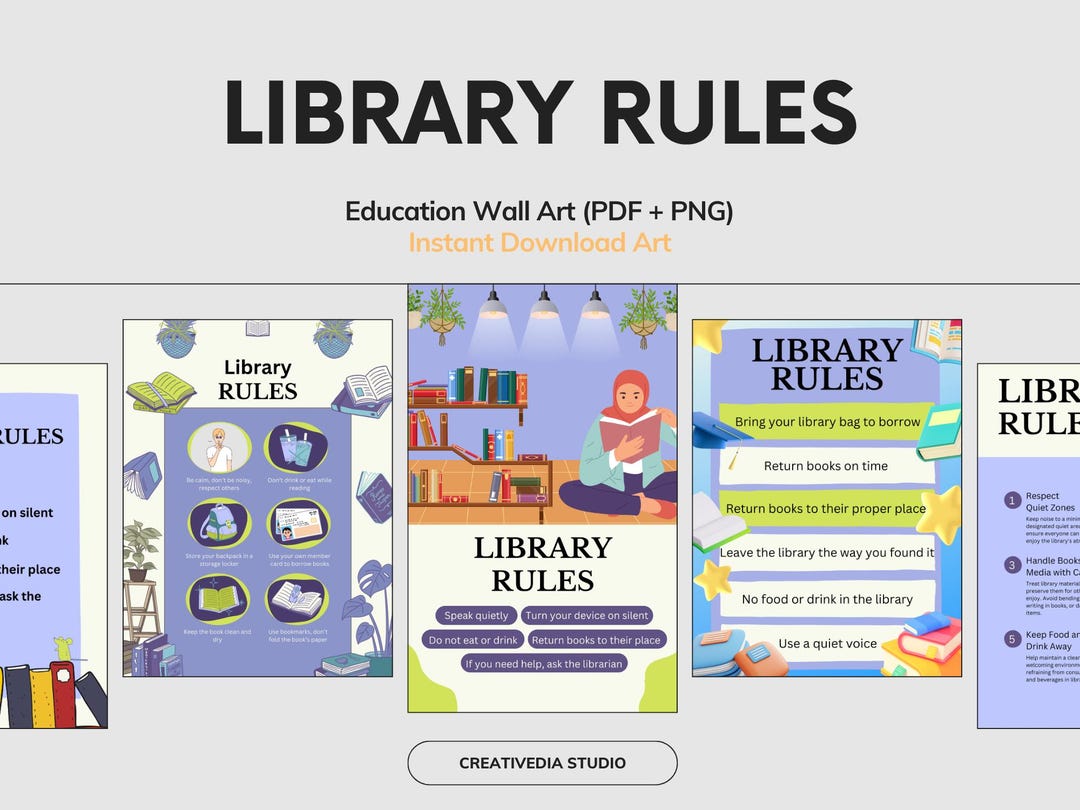 Set of 6 Library Rules Posters | Printable School Library Decor ...