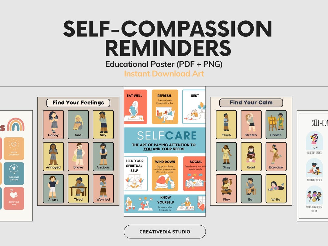Self Compassion Posters Printable Set of 6 | Mental Health Wall Art PNG ...