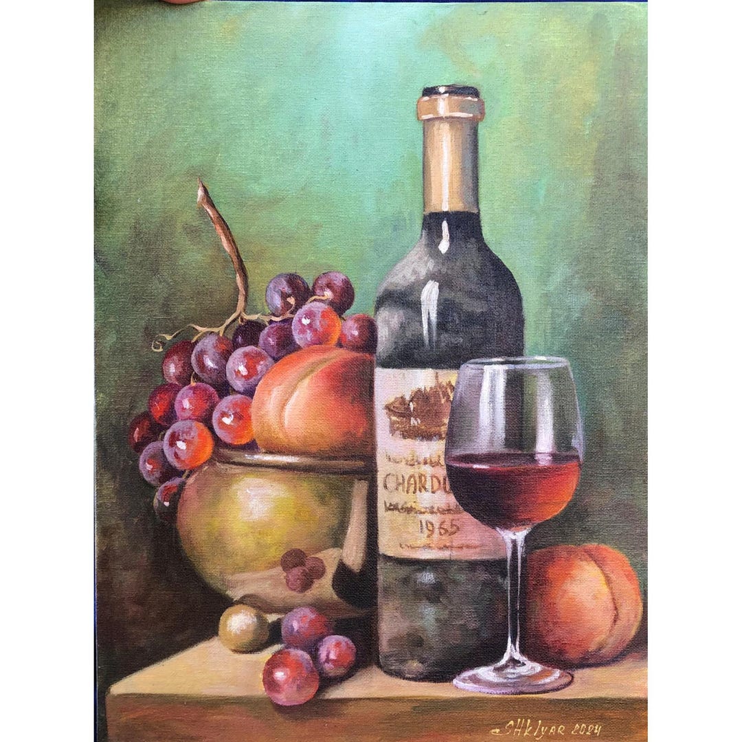 Still Life Wine Bottle Original Oil Painting Fruit Vintage Wall Art ...