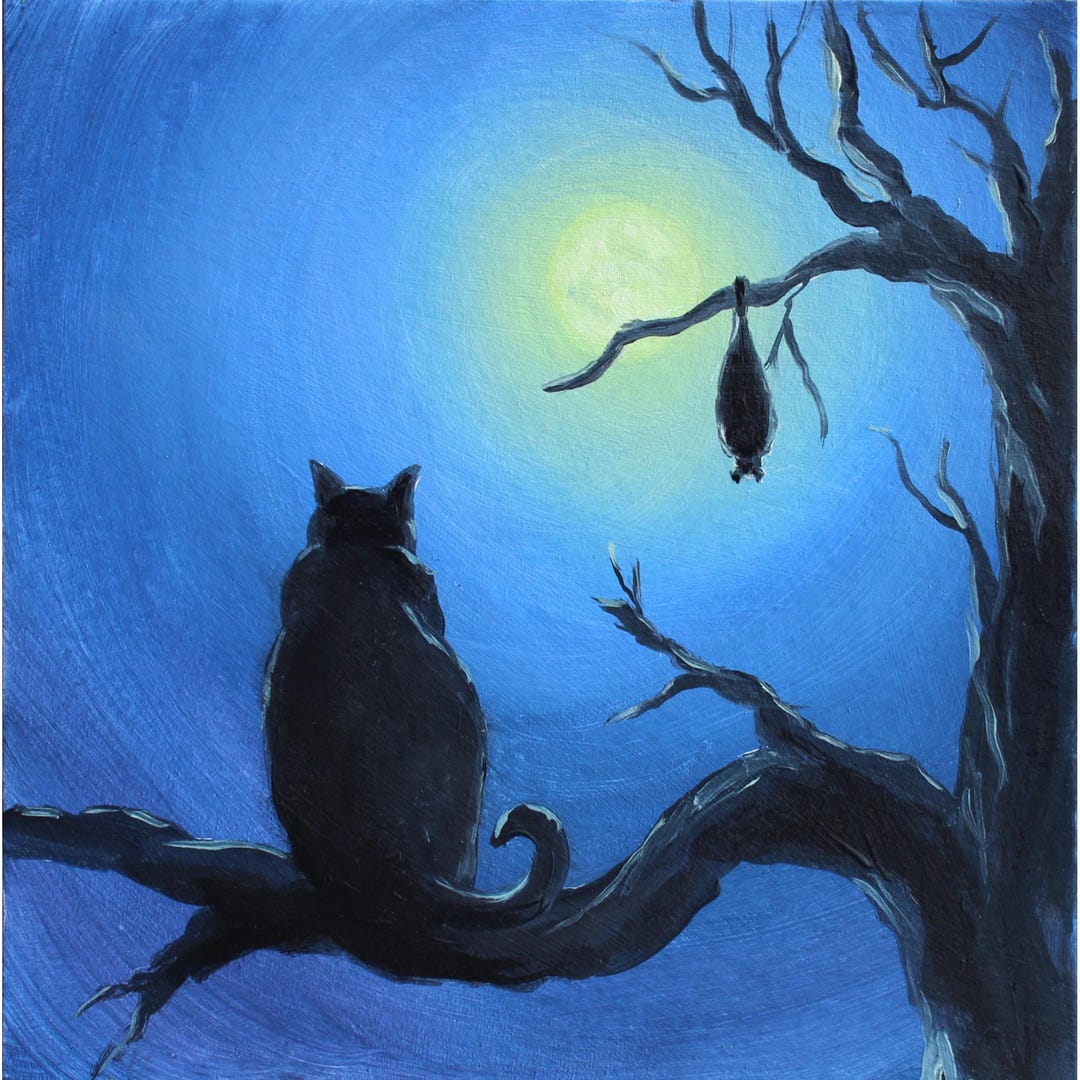 Mystic Cat Painting Night Forest Original Oil Art Gothic Wall Decor ...
